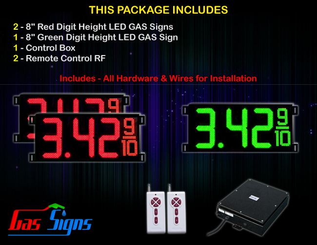 Gas Price LED Sign 8 inch - 26"x11"- 2 Red & 1 Green Digital Gasoline ...